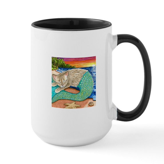CafePress - Cat Mermaid 23 Mugs - 15 oz Ceramic Large White Novelty Mug ...