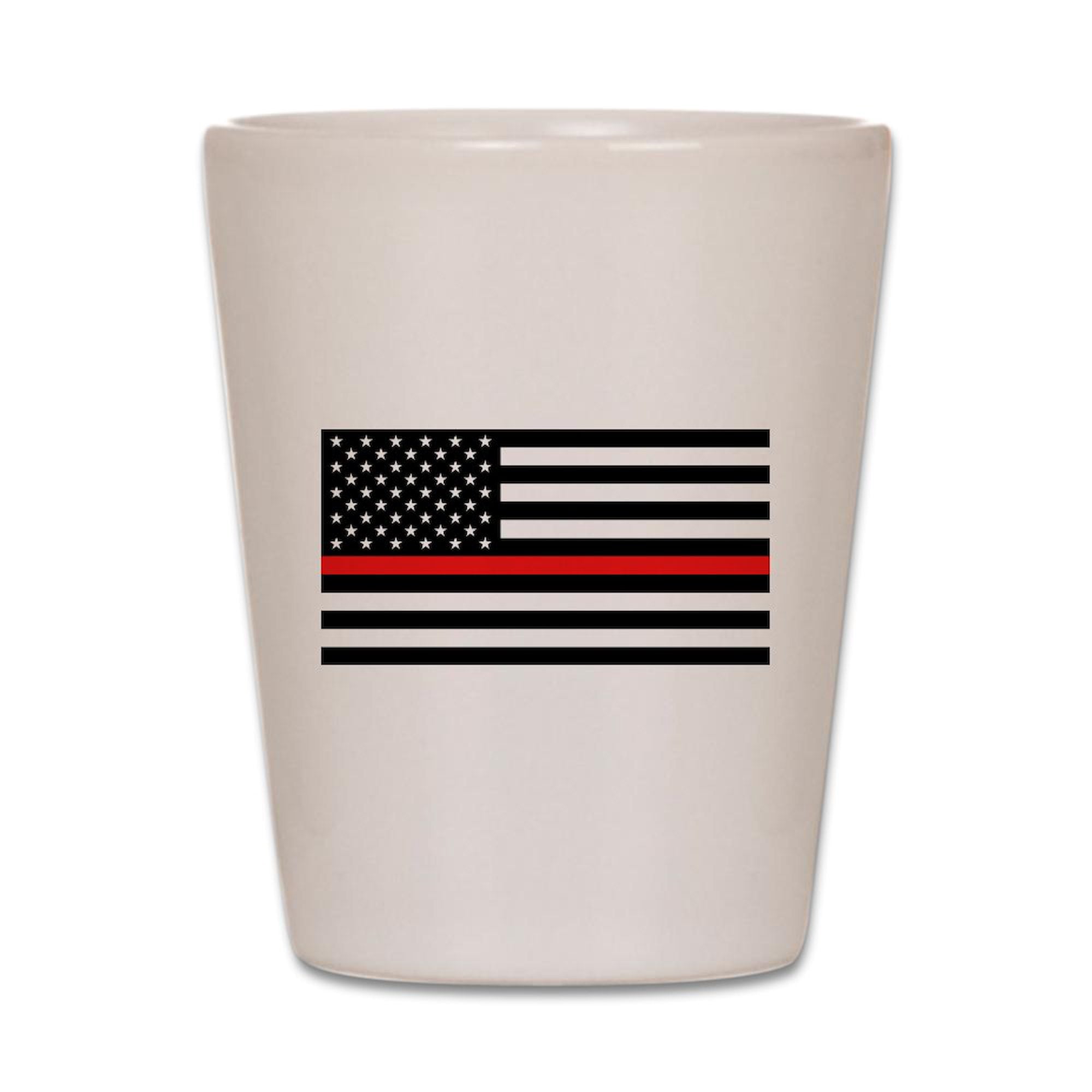 CafePress - Firefighter: Black Flag & Red Line - White Shot Glass ...