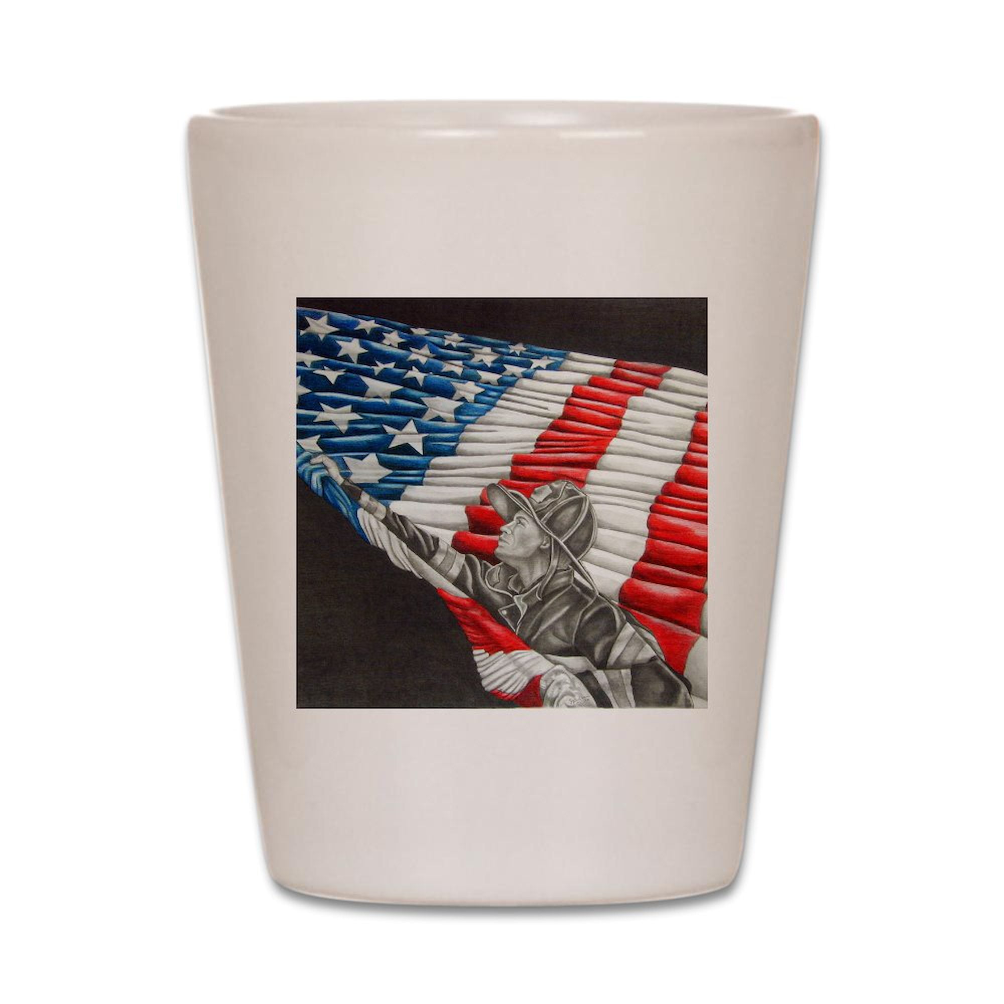 CafePress - Fireman With American Flag - White Shot Glass, Unique and ...