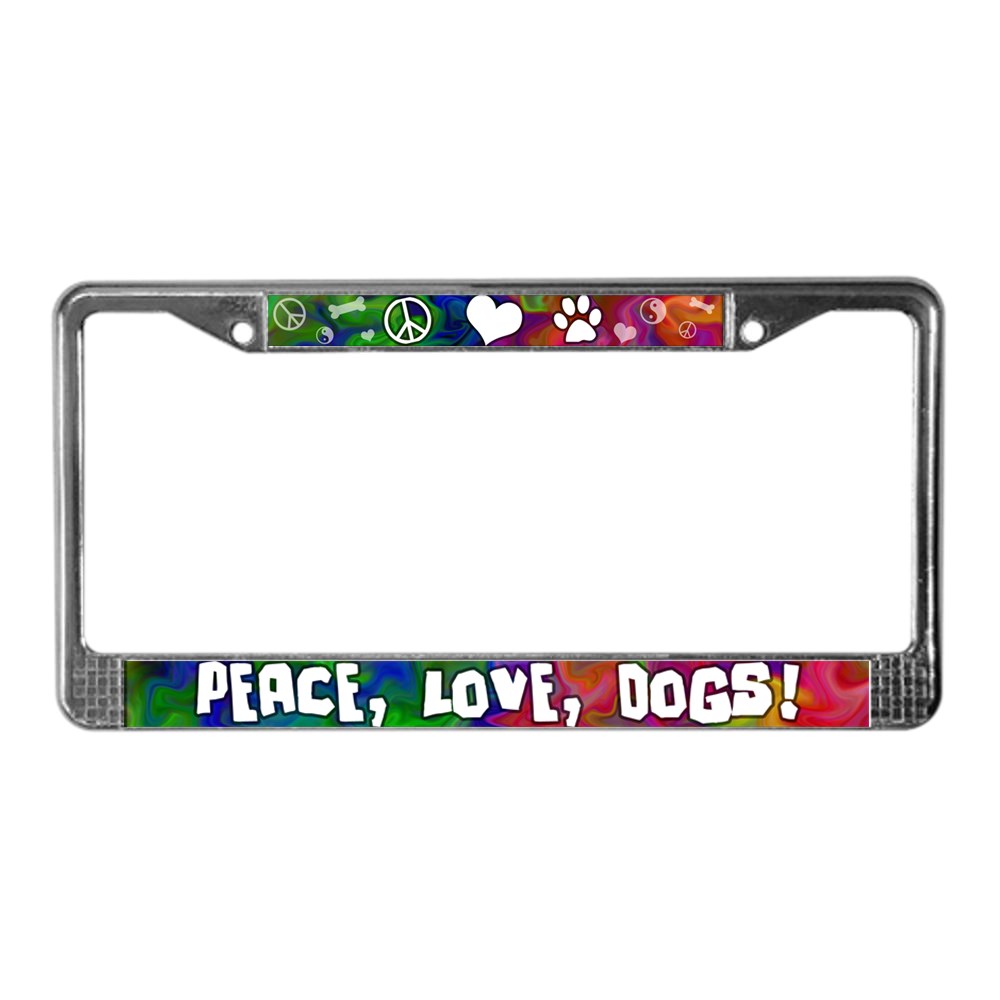 CafePress - Peace Love Dogs License Plate Frame - Chrome License Plate ...