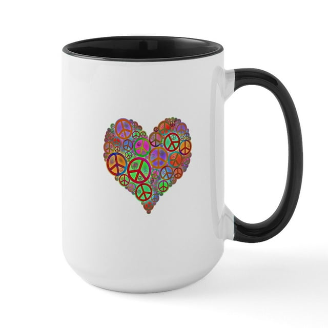 CafePress - Peace Sign Heart Large Mug - 15 oz Ceramic Large White ...