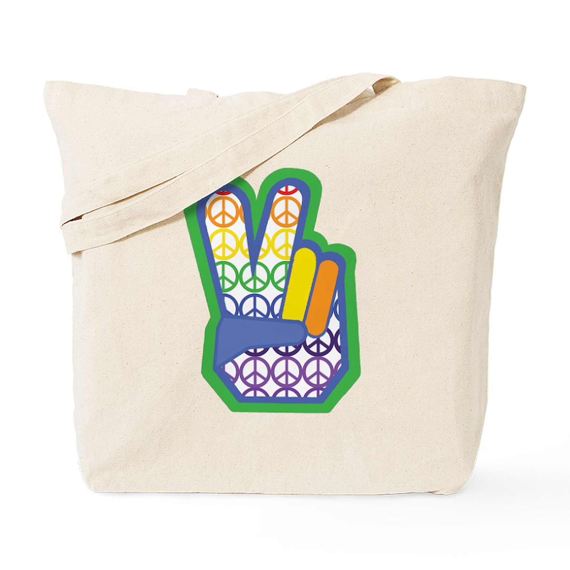 CafePress - Rainbow Peace Sign Hand Tote Bag - Unisex Canvas Tote Bag ...