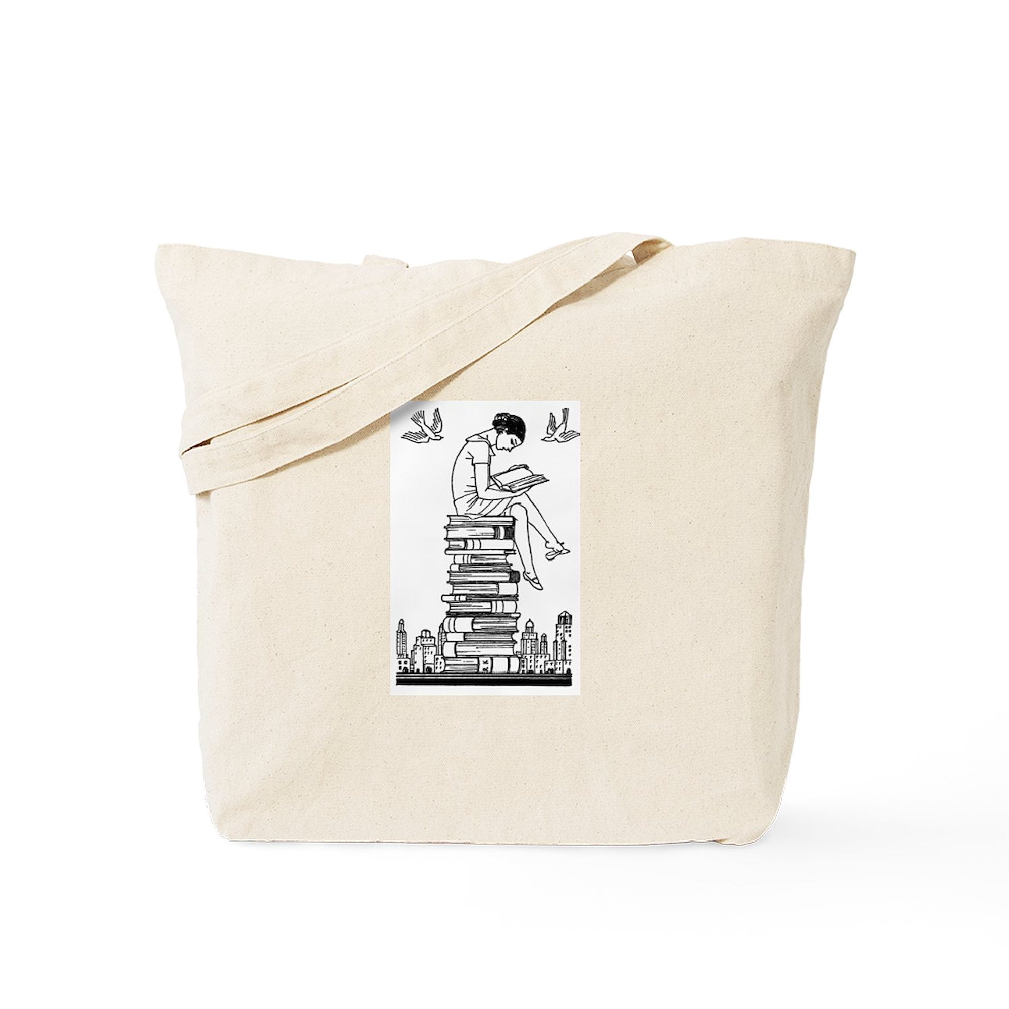 CafePress - Reading Girl Atop Books Tote Bag - Unisex Canvas Tote Bag ...