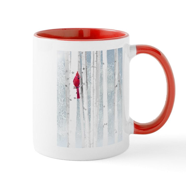 CafePress - Red Cardinal Bird Snow Birch Trees Mugs - 11 oz Ceramic Mug ...