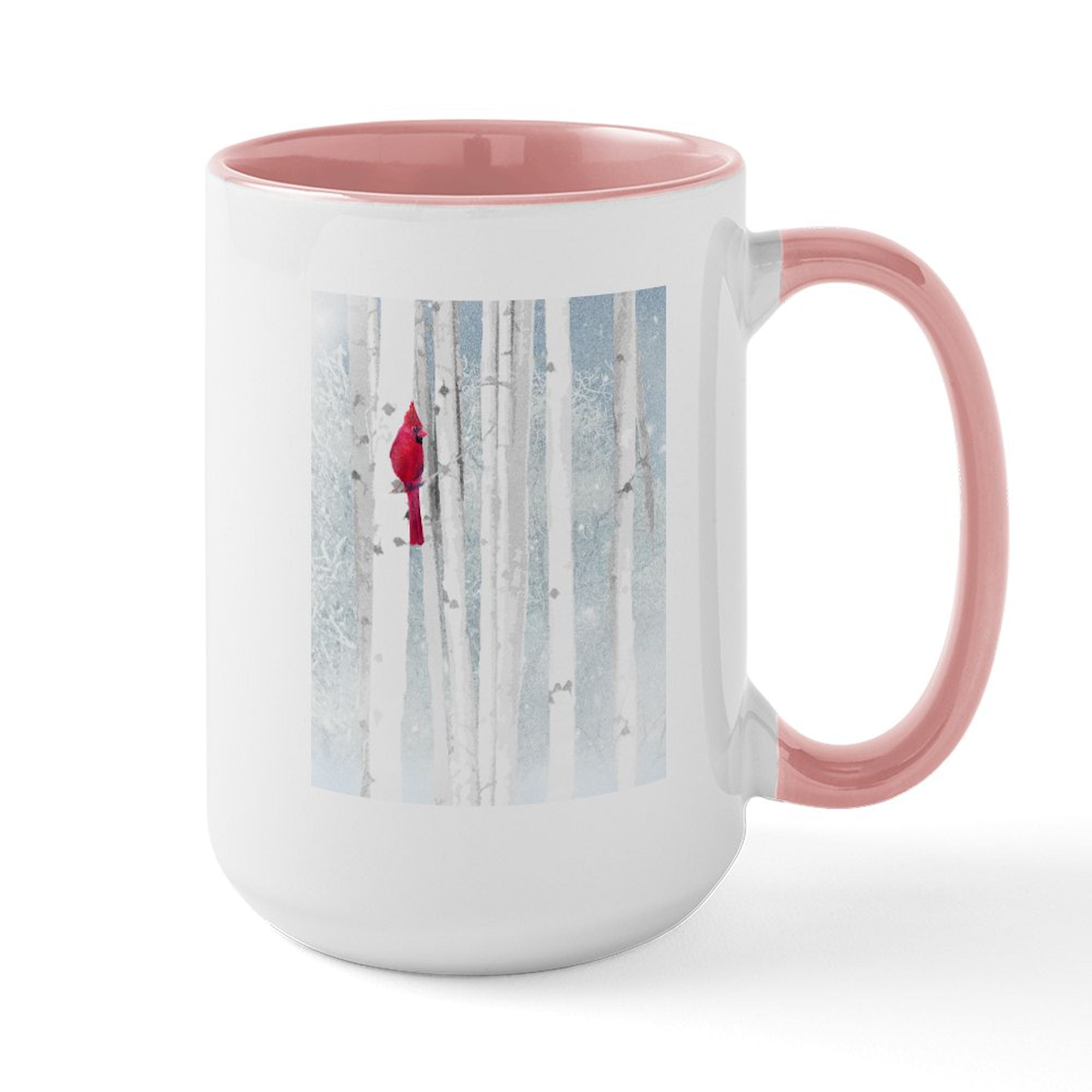 CafePress - Red Cardinal Bird Snow Birch Trees Mugs - 15 oz Ceramic ...