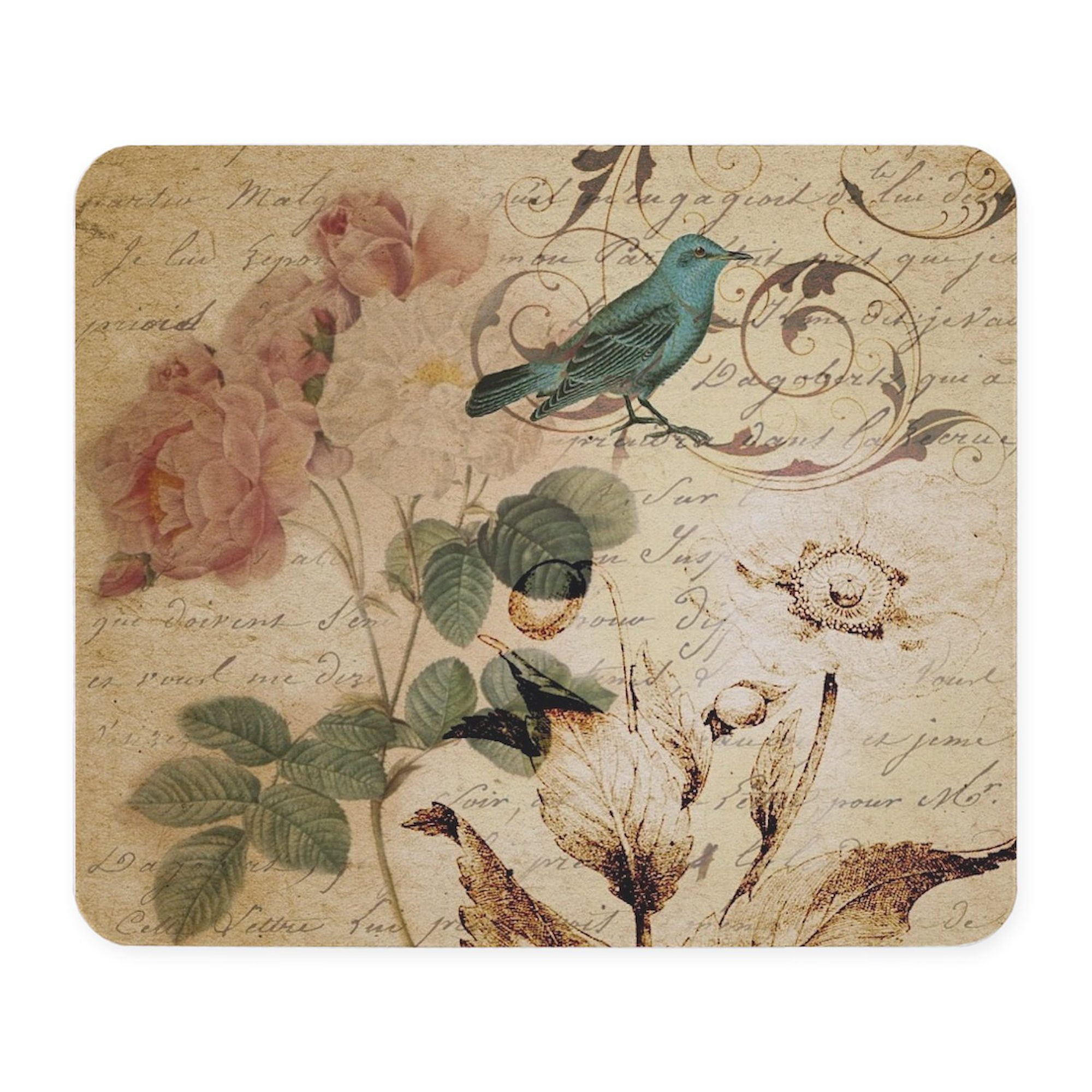 CafePress - Retro Vintage Rose Teal Bird Botanical A Mousepad - Non ...