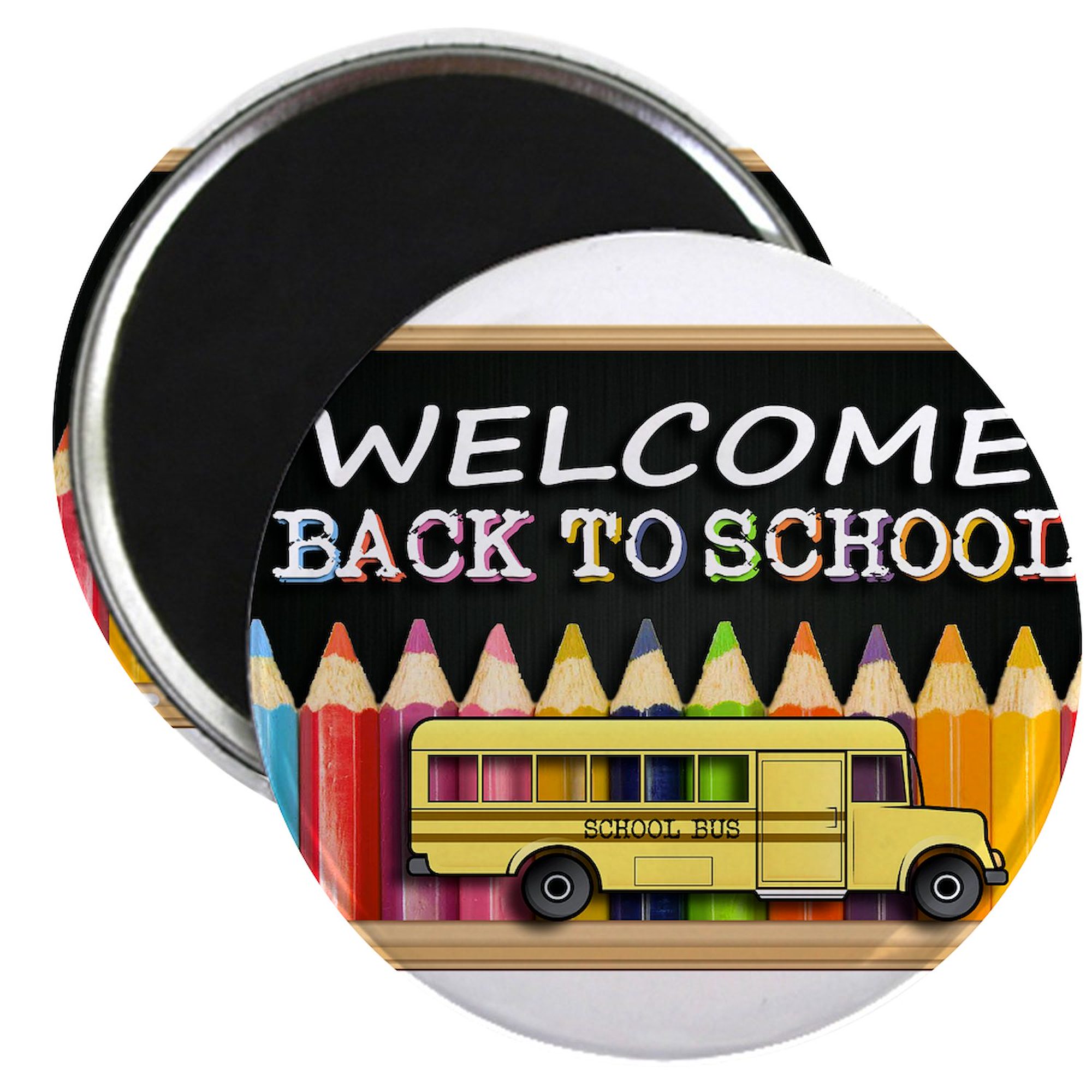 CafePress - WELCOME BACK TO SCHOOL BUS Magnets - 2.25" Round Magnet ...
