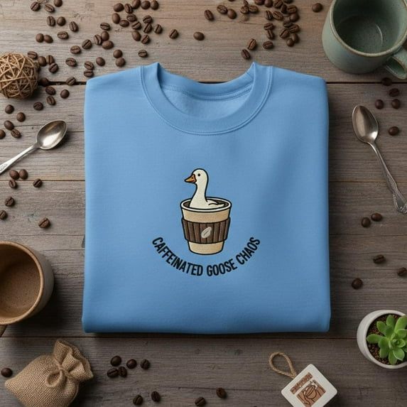 Caffeinated Goose Chaos Embroidered Sweatshirt, Funny Coffee Duck Crewneck, Caffeine Lover ...