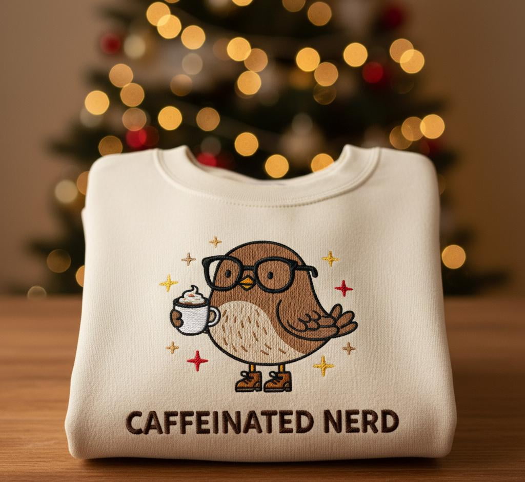 Caffeinated Nerd Bird Sweatshirt with Cute Coffee Lover Embroidery ...