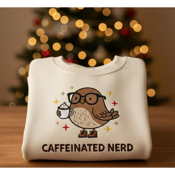 Caffeinated Nerd Bird Sweatshirt with Cute Coffee Lover Embroidery ...