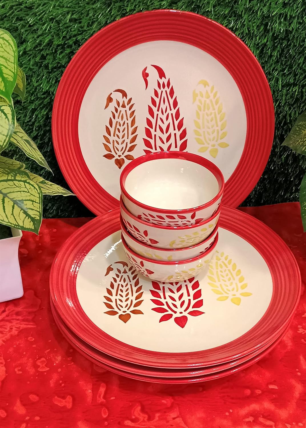 Caffeine Ceramic Stoneware Handmade Red Boota Combo Dinner Set of 8 ...