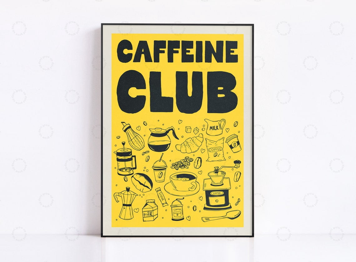 Caffeine Club Retro Coffee Illustration Kitchen Wall Art, Unframed ...