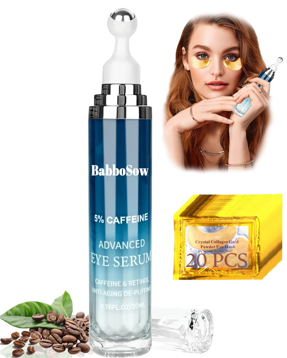 Caffeine Eye Cream and 24K Gold Eye Mask (20 pcs) for Dark Circles and ...