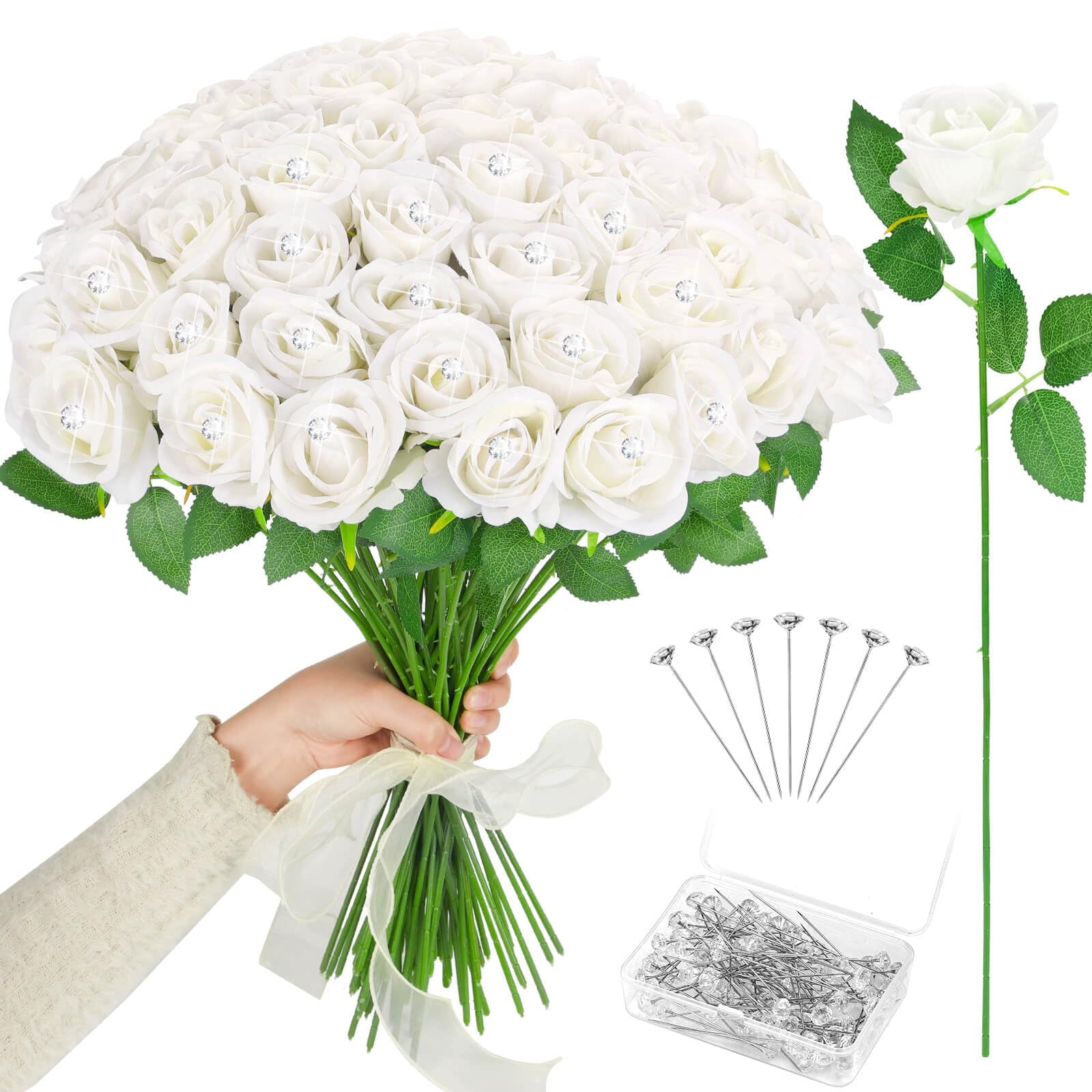 Caffox 70PCS White Rose Artificial Flowers with 50PCS Diamond Pins for ...