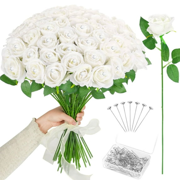 Caffox 70PCS White Rose Artificial Flowers with 50PCS Diamond Pins for ...