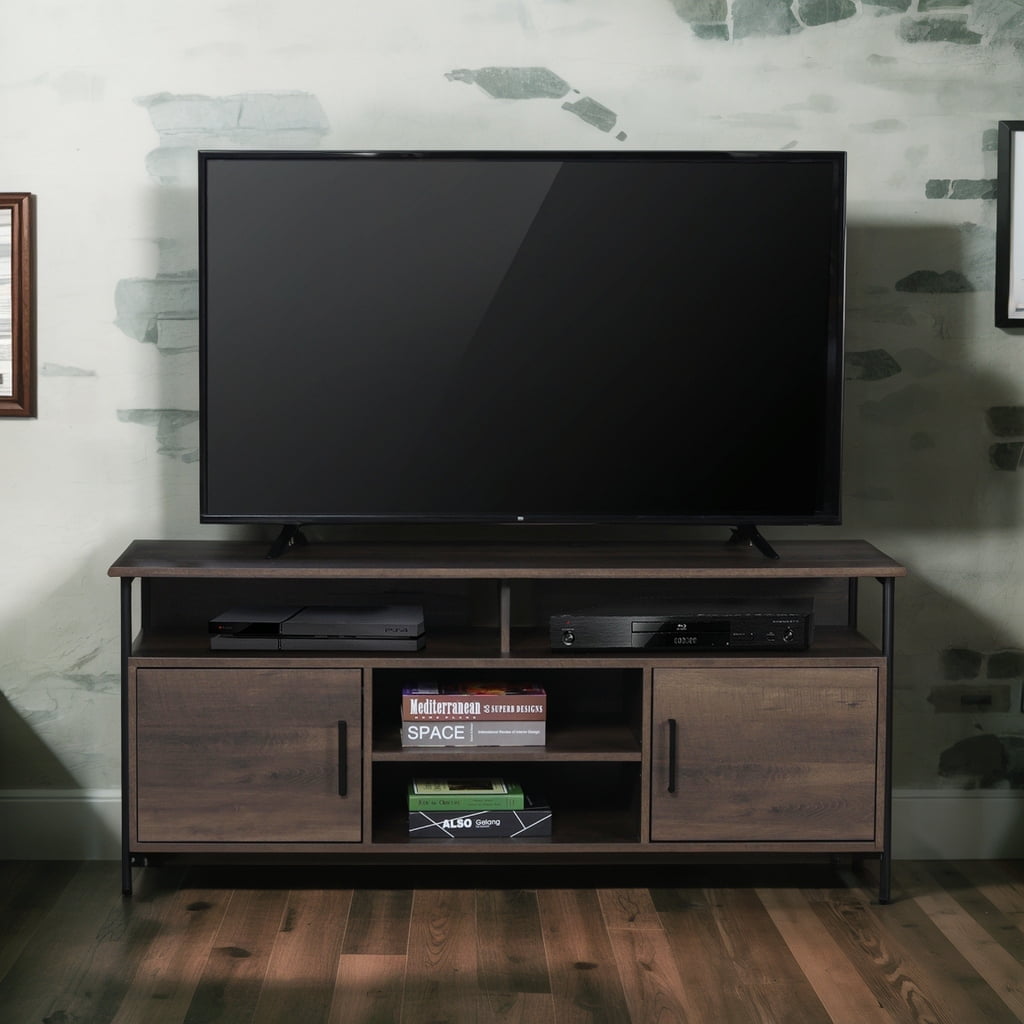 Caffoz 58" Oak Wooden Console, Home Entertainment Center Wood Media TV ...