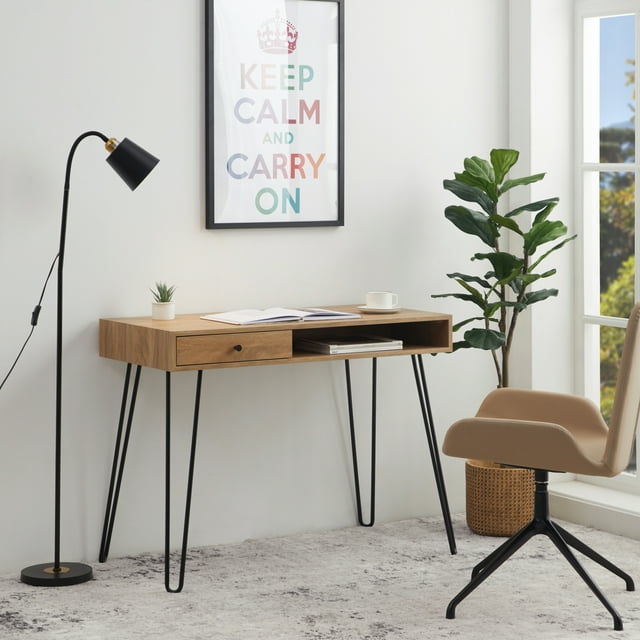 Caffoz Stylish Oak Home Office Computer Desk with Hairpin Legs, Drawer ...