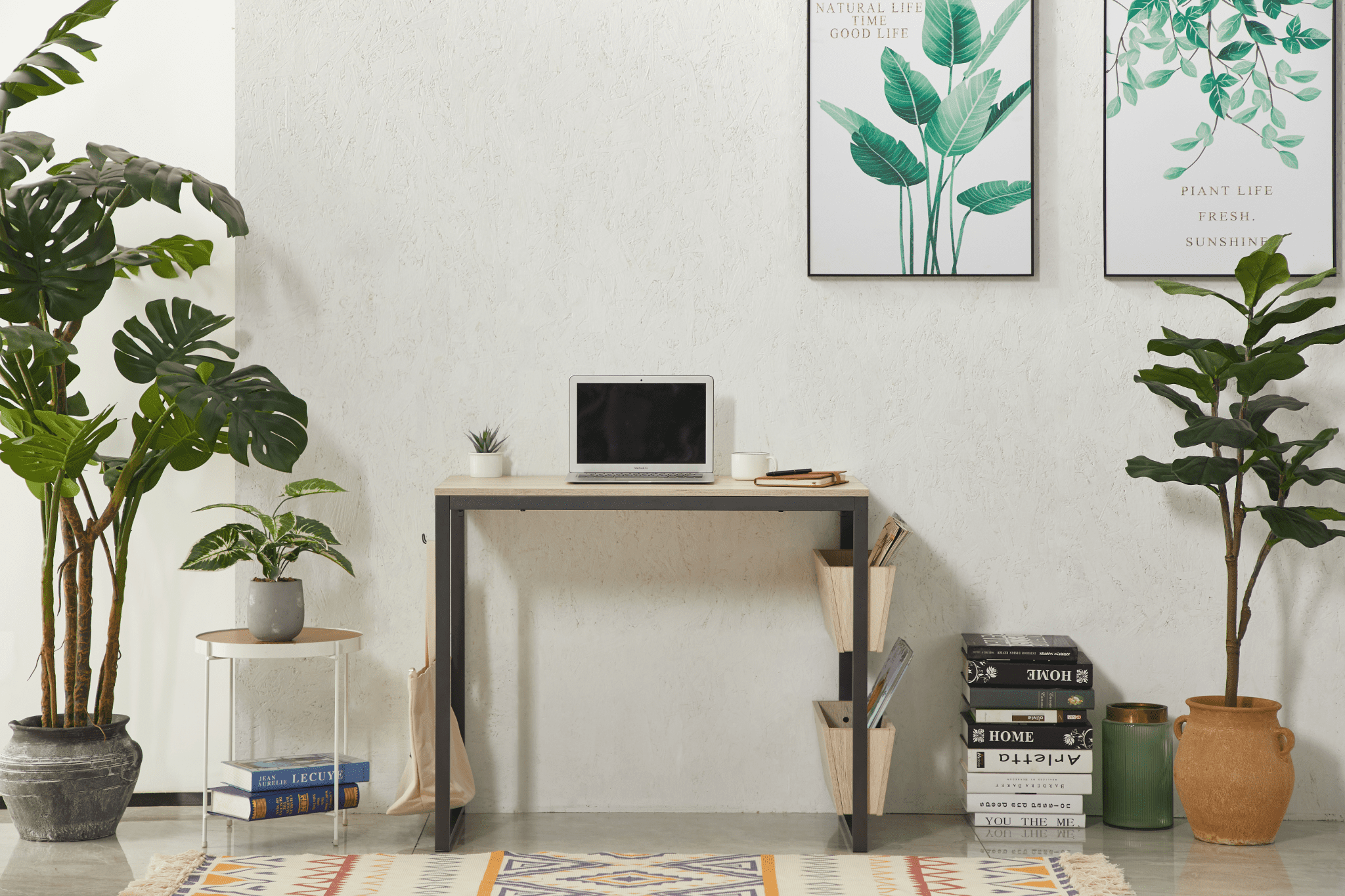 Caffoz Simple Computer Desk, Small Space, Wood, Metal, Storage Bin ...