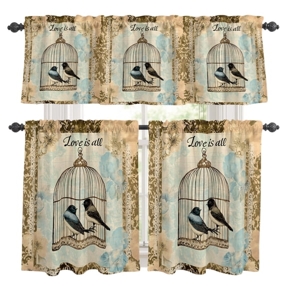 Cage Bird Kitchen Curtains Set for Windows, Retro Watercolor Flower ...