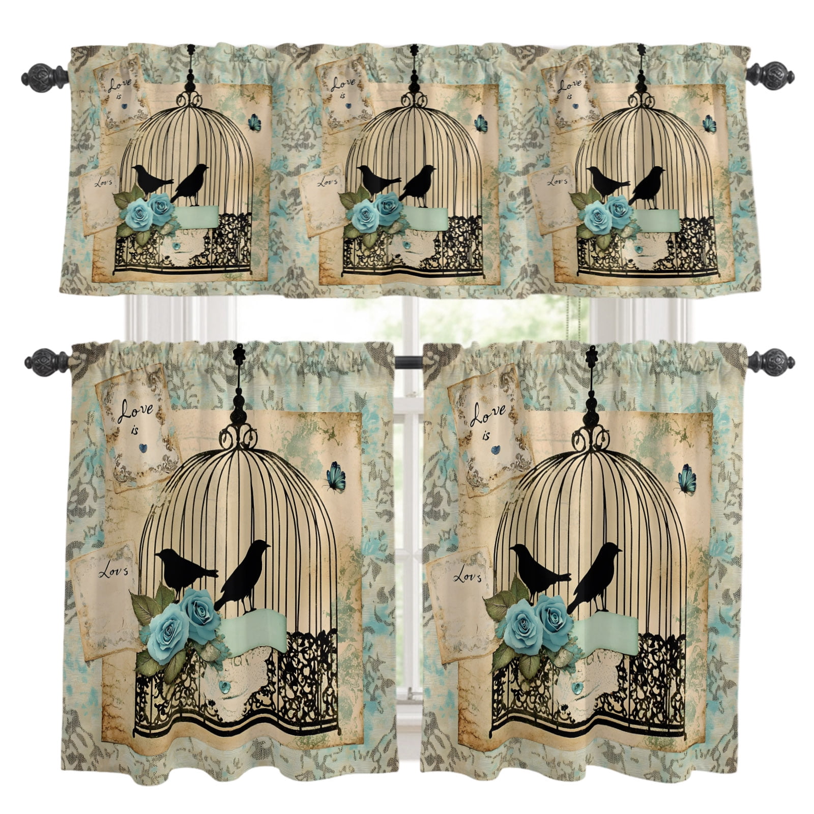Cage Bird Kitchen Curtains Set for Windows, Vintage Watercolor Flower ...