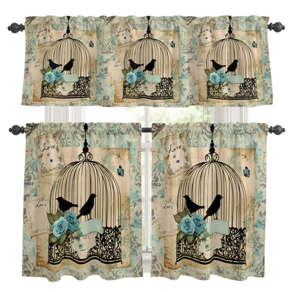 Cage Bird Kitchen Curtains Set for Windows, Vintage Watercolor Flower ...