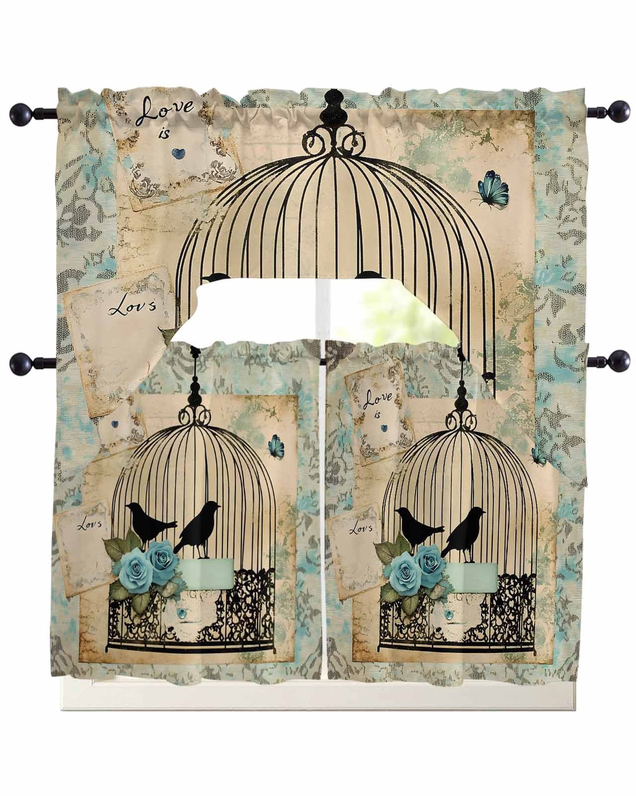 Cage Bird Swag and Tier Curtains Set Kitchen Valances with Tier ...