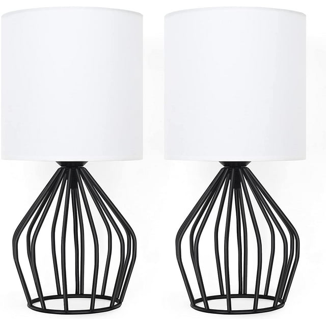 Cage Design Hollow Metal Base Bedside Lamp White Shade (2-Piece Set ...