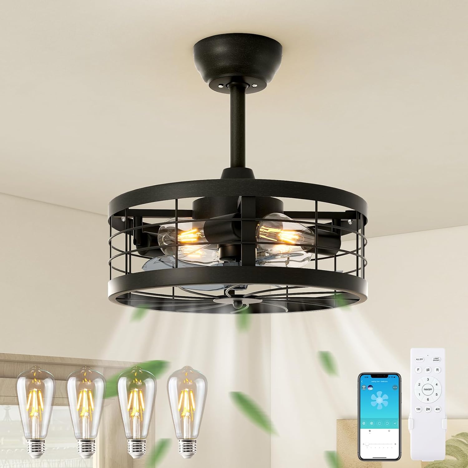 Caged Ceiling Fan with Light,16.5in Black Fandelier Ceiling Fan with ...