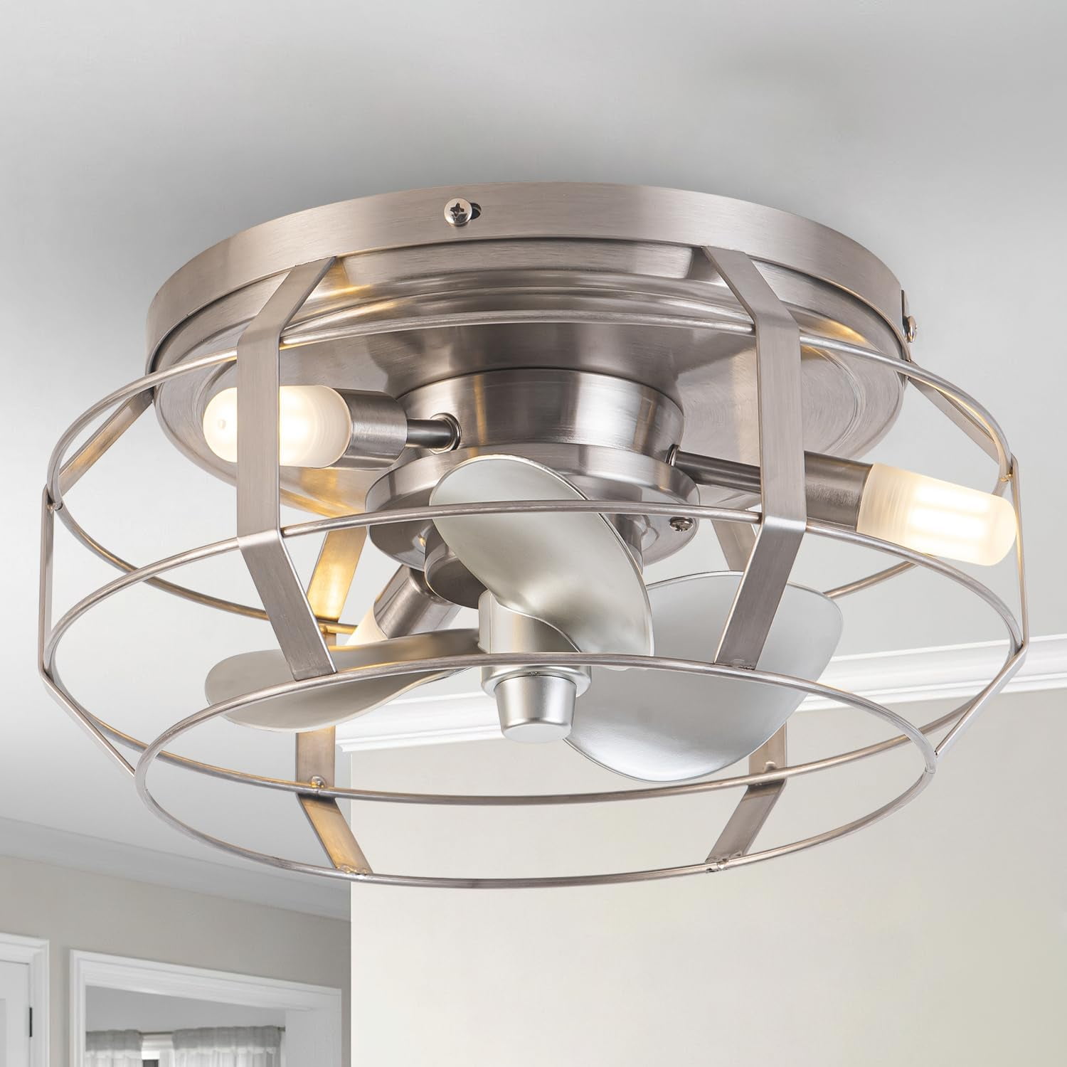 Caged Ceiling Fan with Light and Remote - 12.2" Silver Fandelier with ...