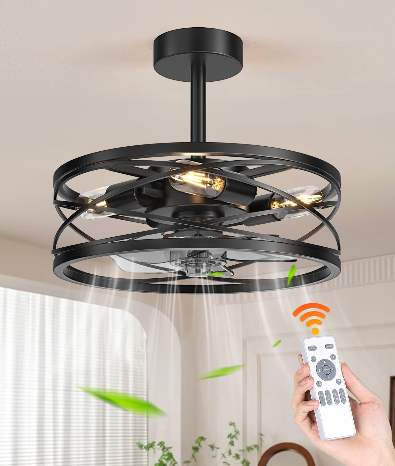 Caged Ceiling Fan with Light with Remote, 17" Bladeless Industrial ...