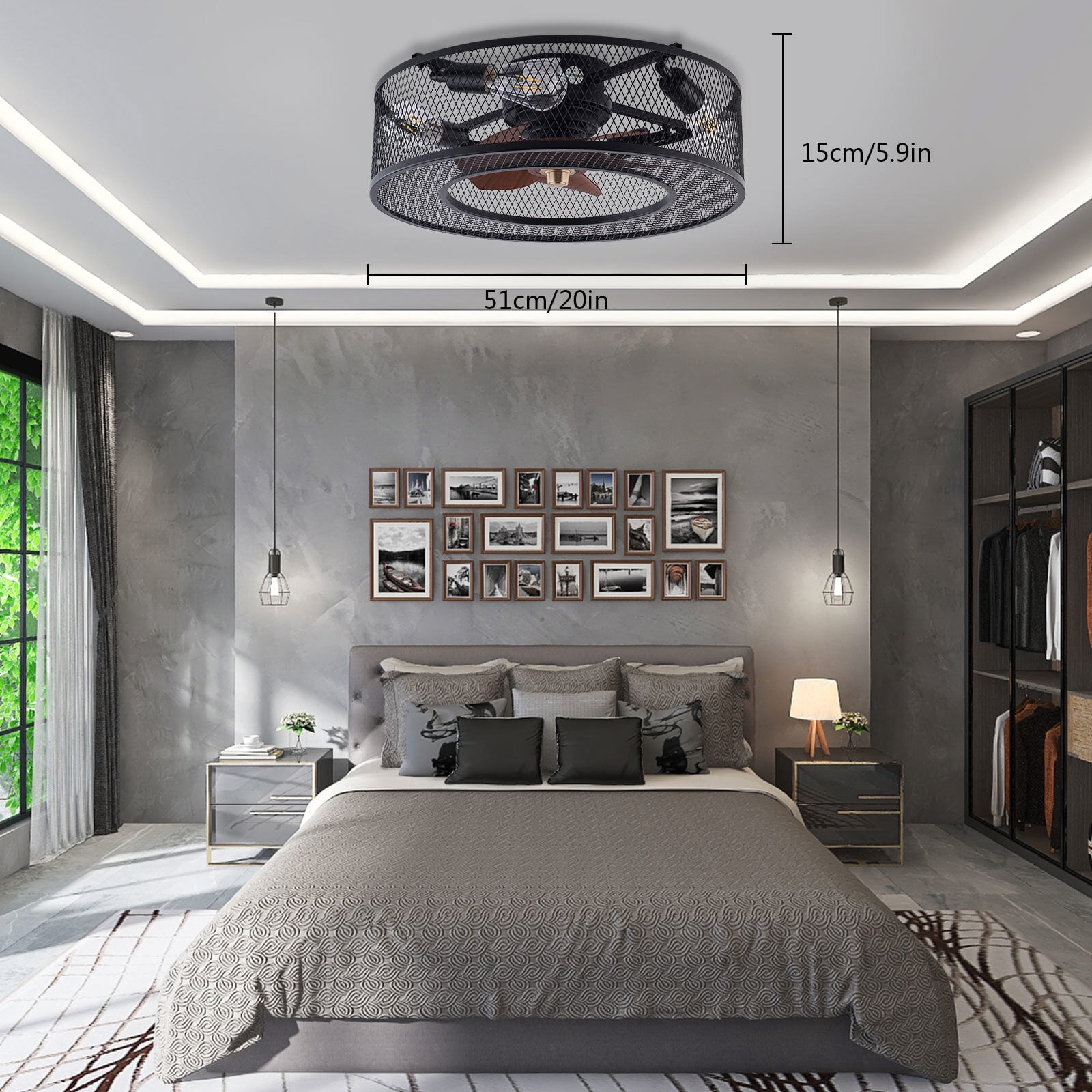Caged Ceiling Fan with Light and Remote Control, 20" Rustic Flush Mount ...