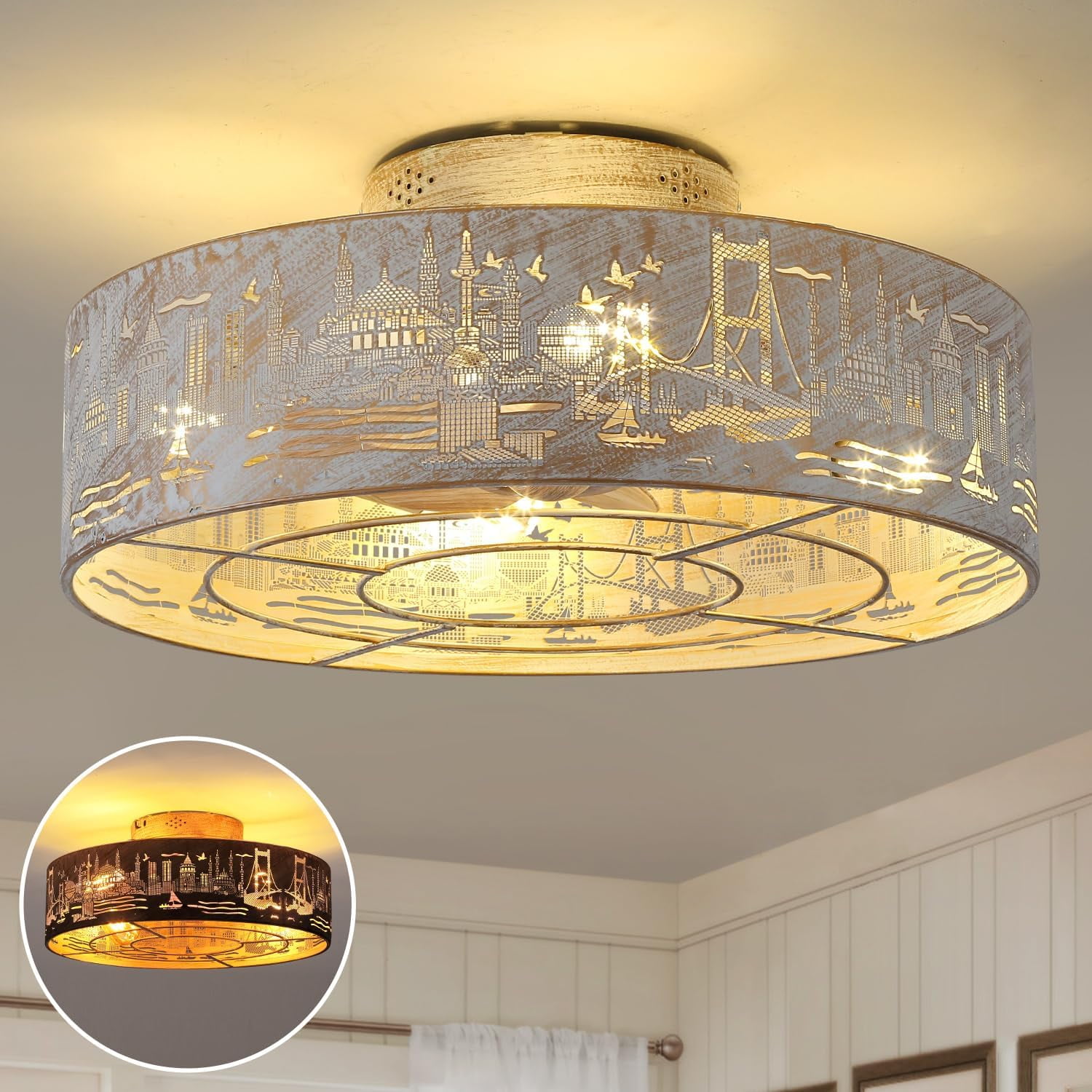 Caged Ceiling Fans with Lights Flush Mount,Low Profile Ceiling Fan with ...