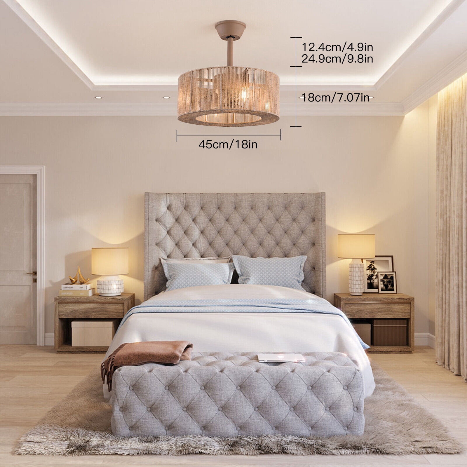 Caged Invisible Ceiling Fan with Light, 3 Speeds Adjustable,Enclosed ...