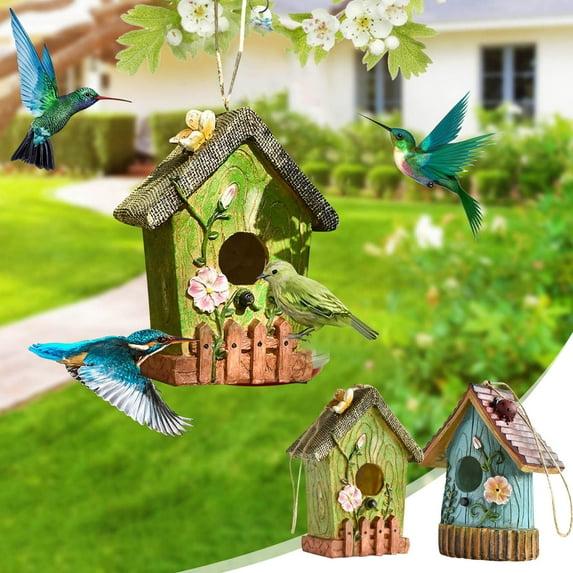 Cagogo 2Pcs Resin Bird House, Hanging Bird Hut Decorative for Garden ...
