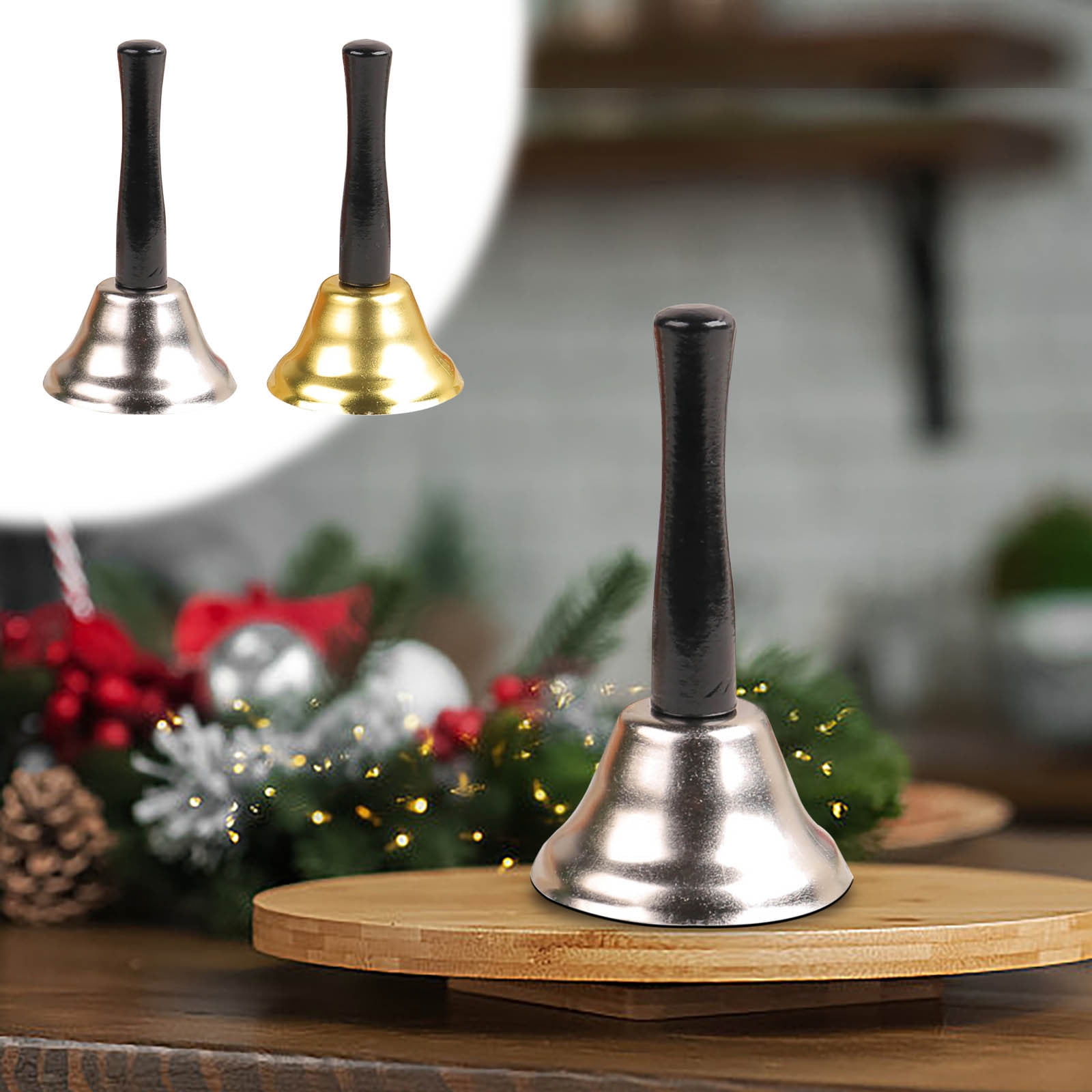 Cagogo 2Pcs Winter Holiday Wooden Handle Hand Cranking Gold Bell ...