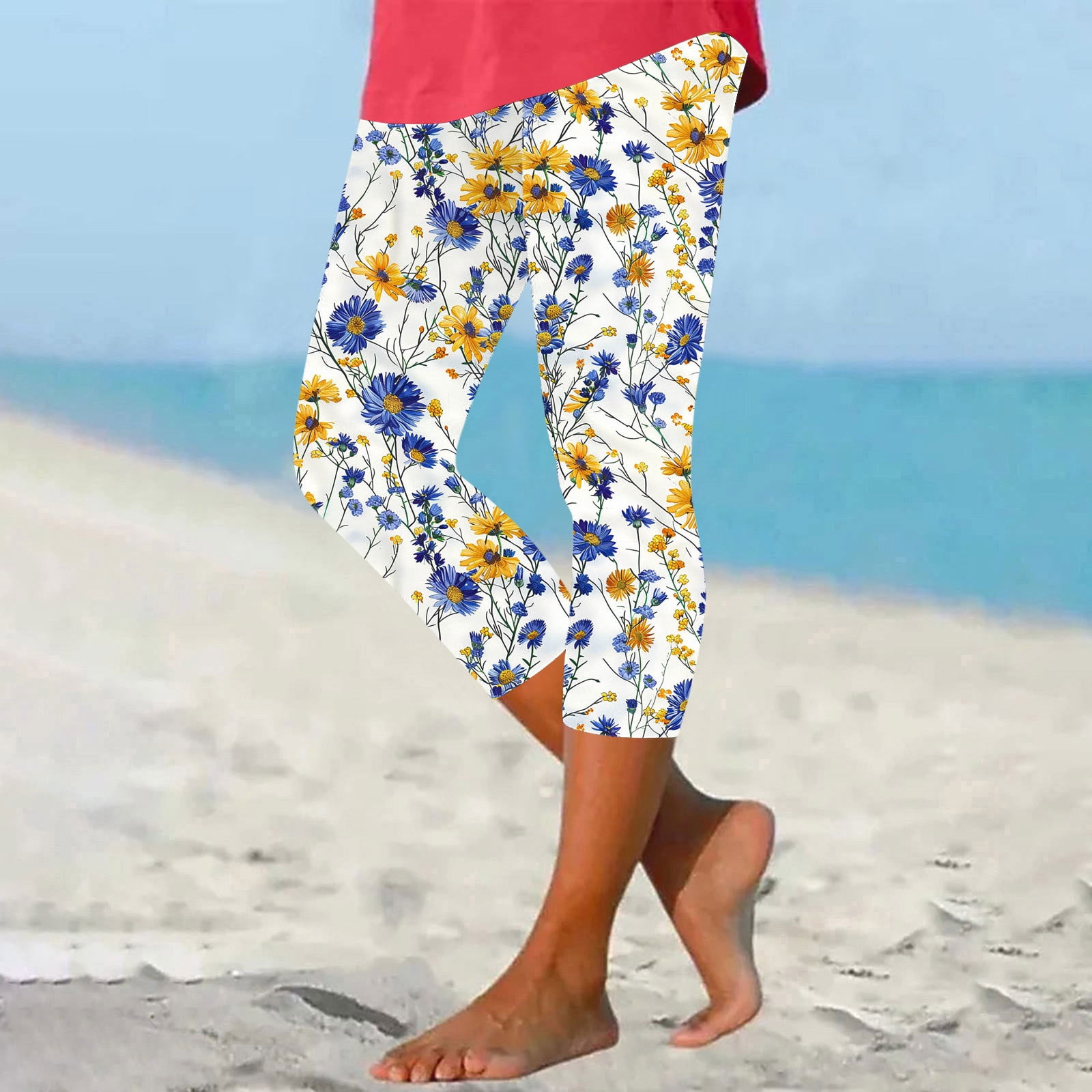Cagogo Floral Capri Pants for Women Elastic Waist Casual Beach Cropped ...