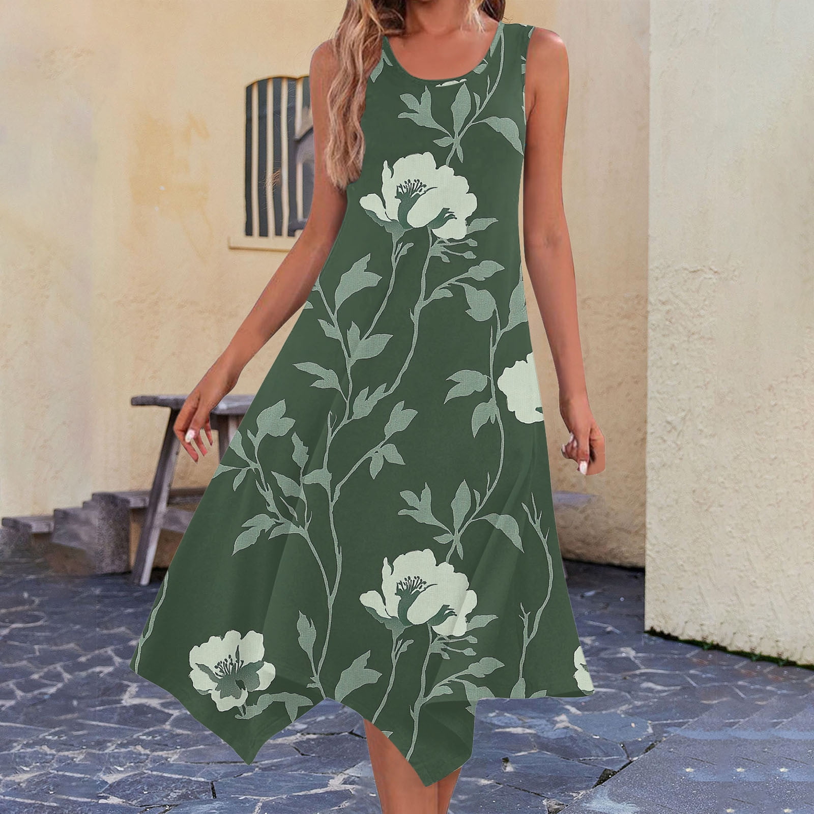 Cagogo Summer Tank Dress for Women Plus Size Sleeveless Asymmetric Hem Bohemian Tshirt Beach ...