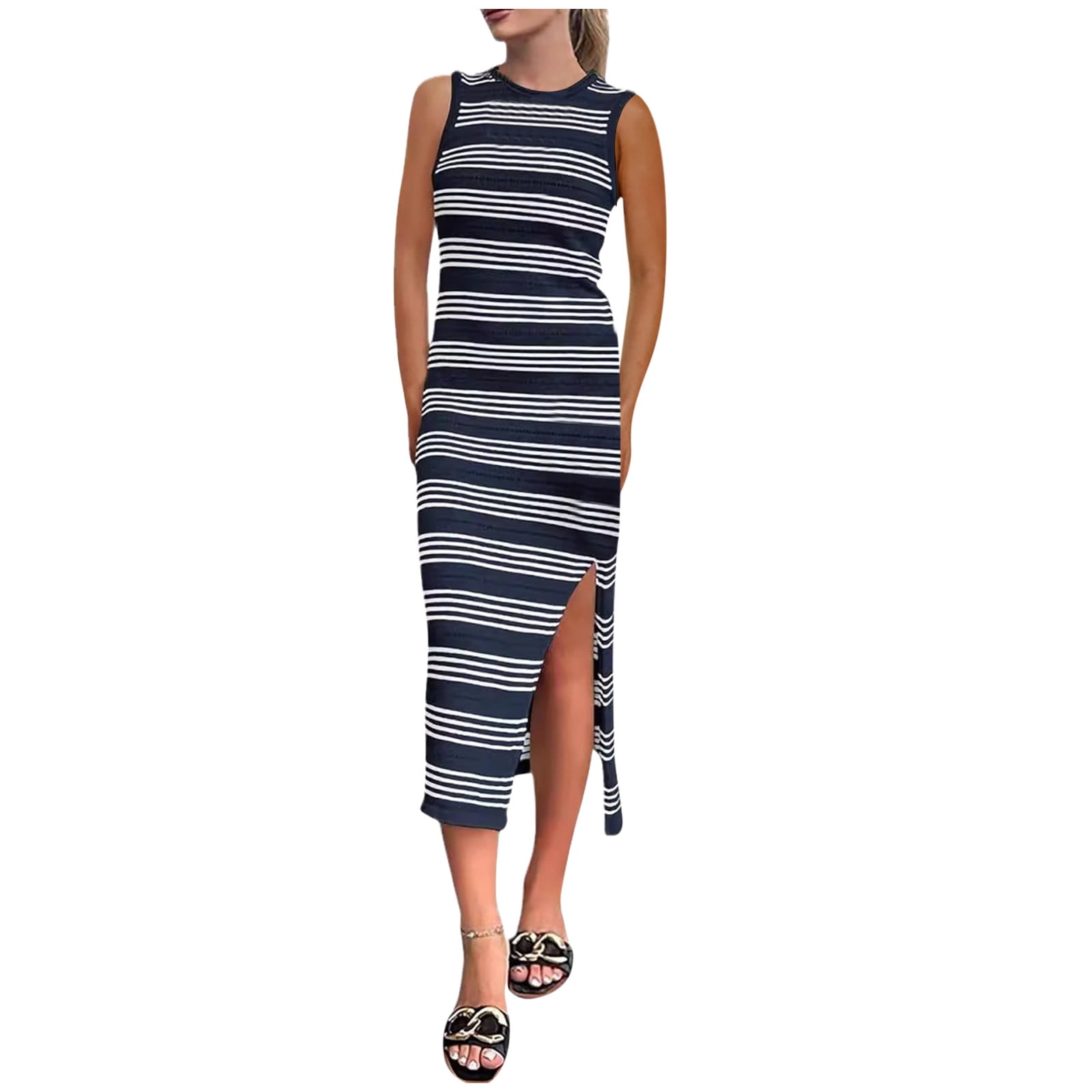 Cagogo Women Casual Sleeveless Striped Tank Midi Dresses Sundresses ...