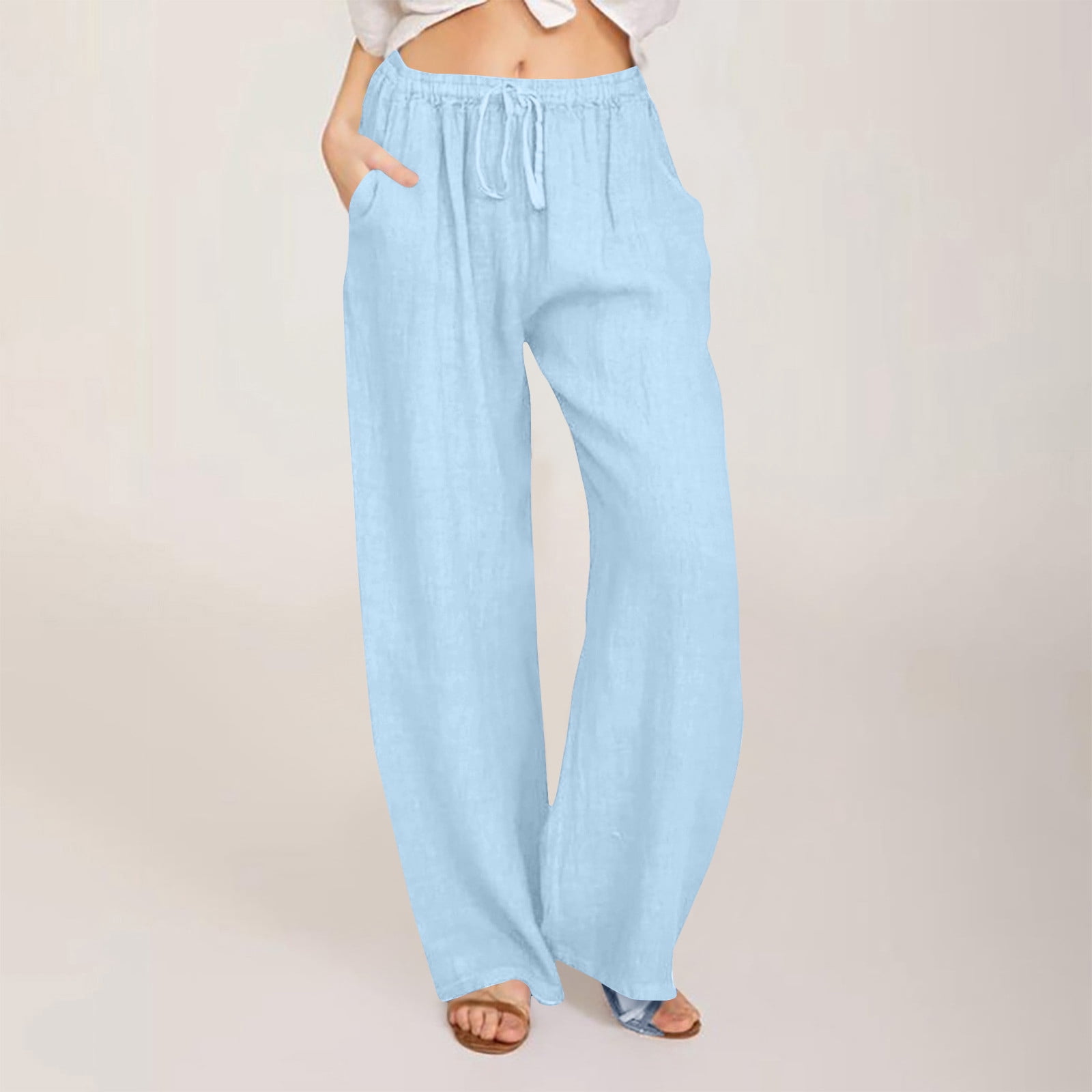 Cagogo Women Cotton Linen Plus Size Wide Leg Elastic Waist Flowy Casual ...