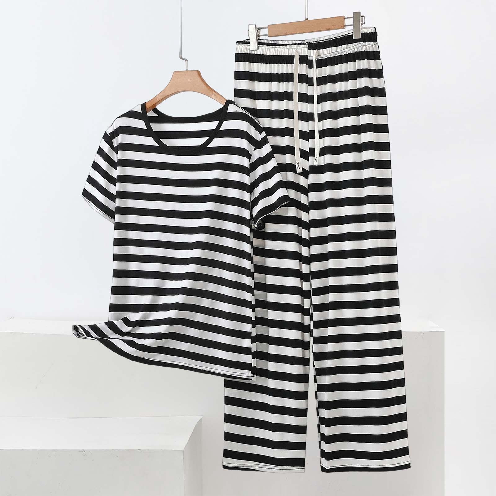 Cagogo Women Plus Size 2 Piece Casual Set Striped Round Neck Short ...