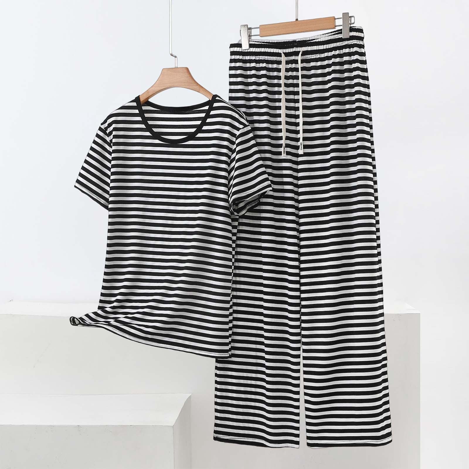 Cagogo Women Plus Size 2 Piece Casual Set Striped Round Neck Short ...