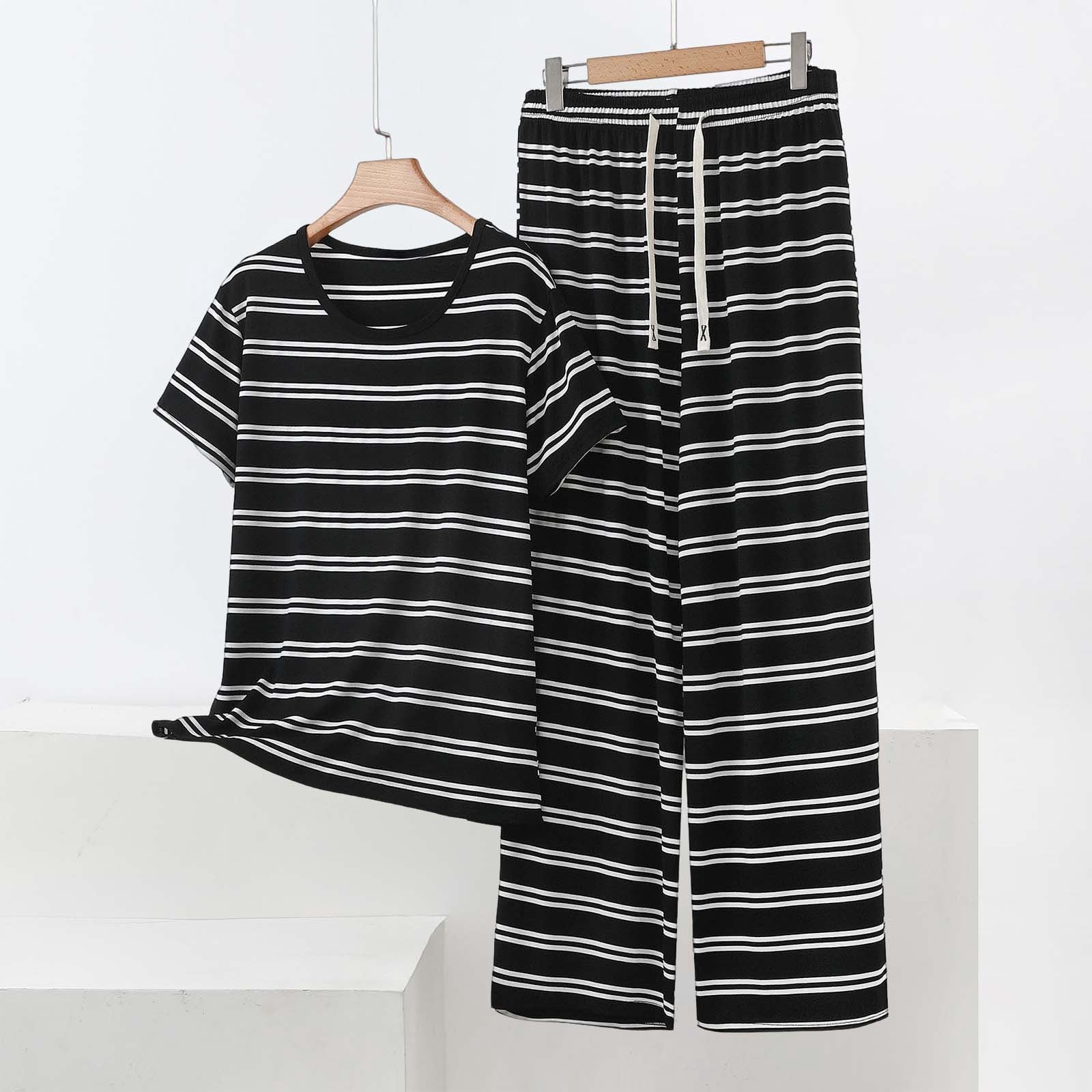Cagogo Women Plus Size 2 Piece Casual Set Striped Round Neck Short ...