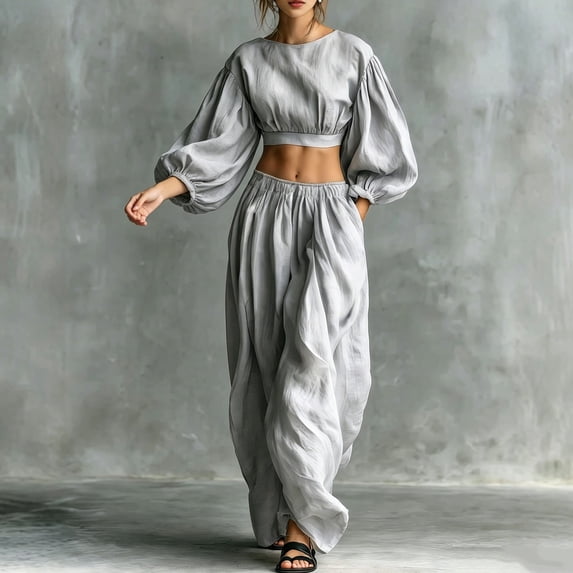 Cagogo Women Plus Size 2 Piece Puff Sleeve Crop Top Wide Leg Pants Set ...