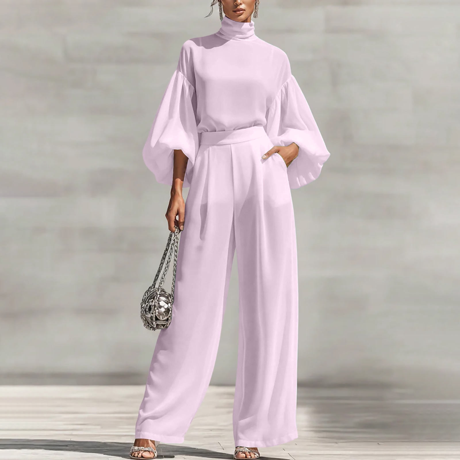 Cagogo Women Plus Size 2 Piece Set High Neck Puff Sleeve Top Pants Suit ...