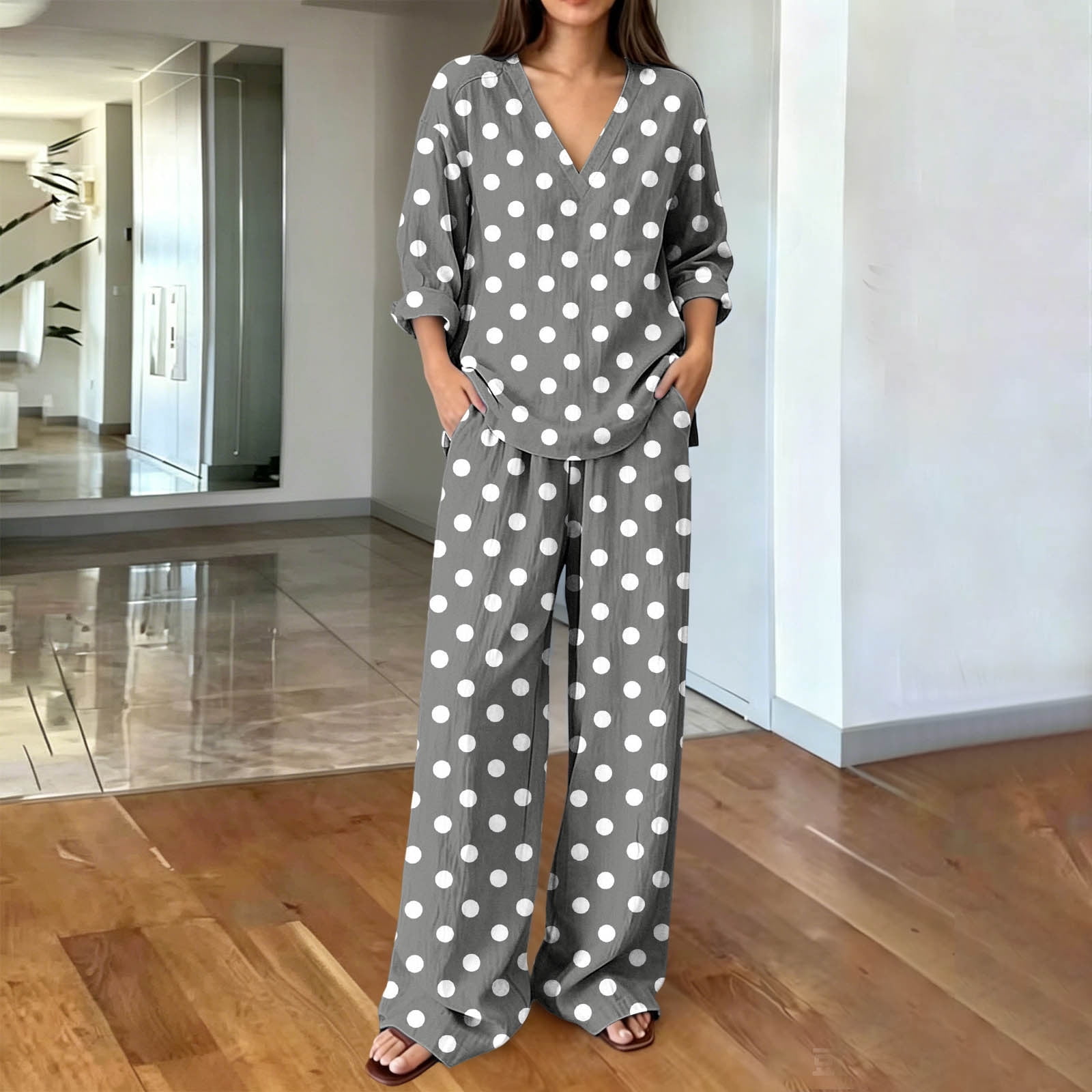 Cagogo Women Plus Size 2 Piece Set Polka Dot V Neck Long Sleeve Blouse ...