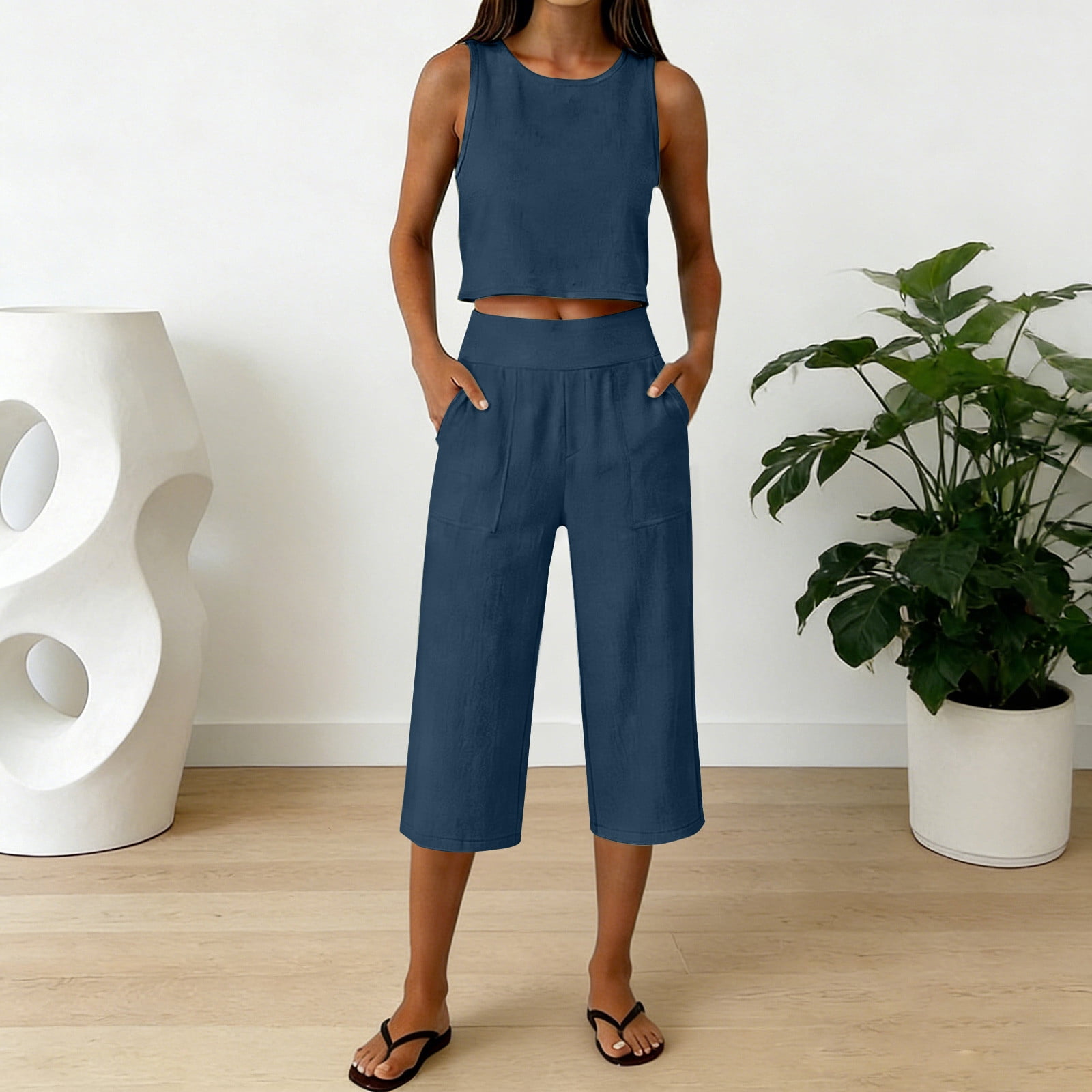 Cagogo Women Plus Size 2 Piece Set Round Neck Sleeveless Crop Top Wide ...