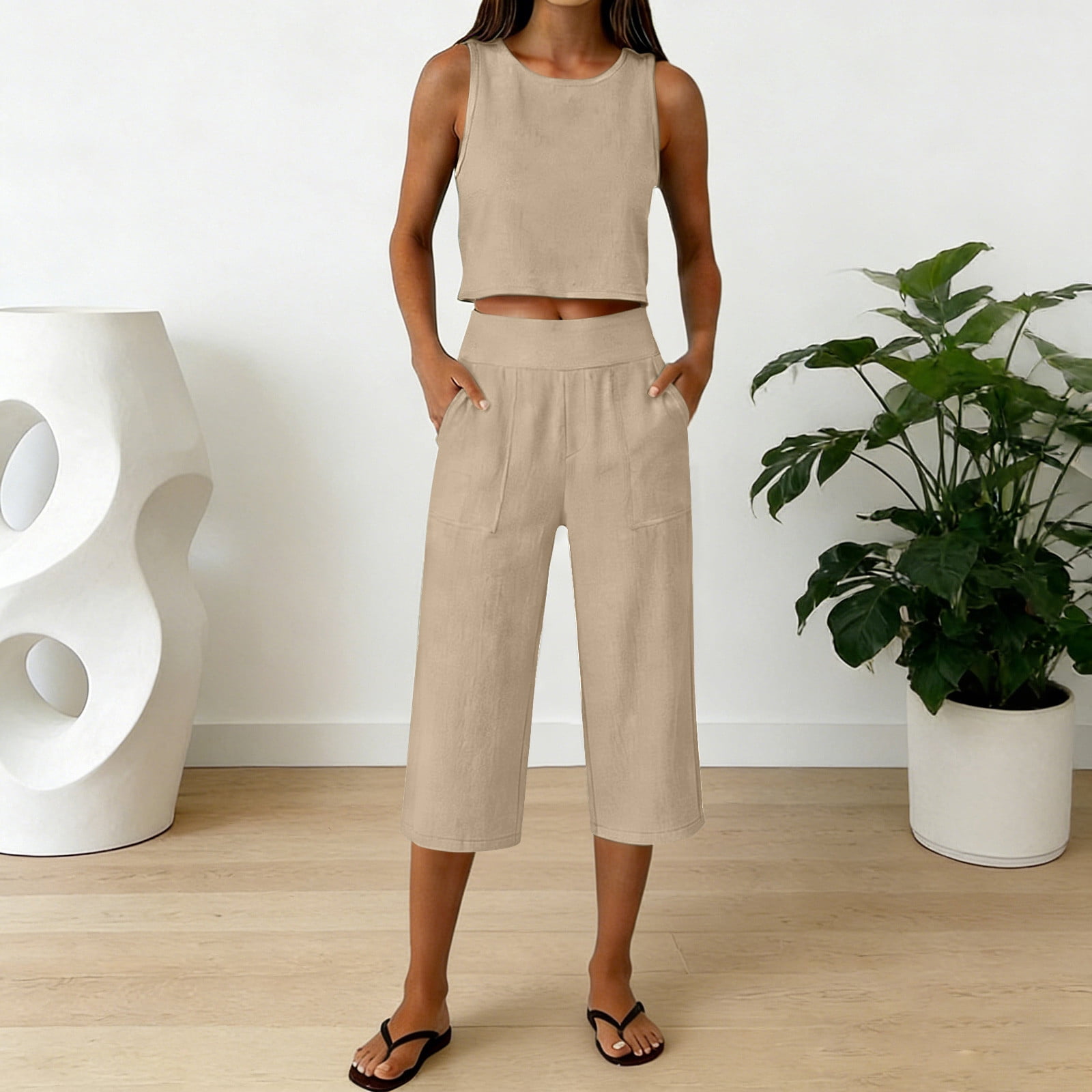 Cagogo Women Plus Size 2 Piece Set Round Neck Sleeveless Crop Top Wide ...