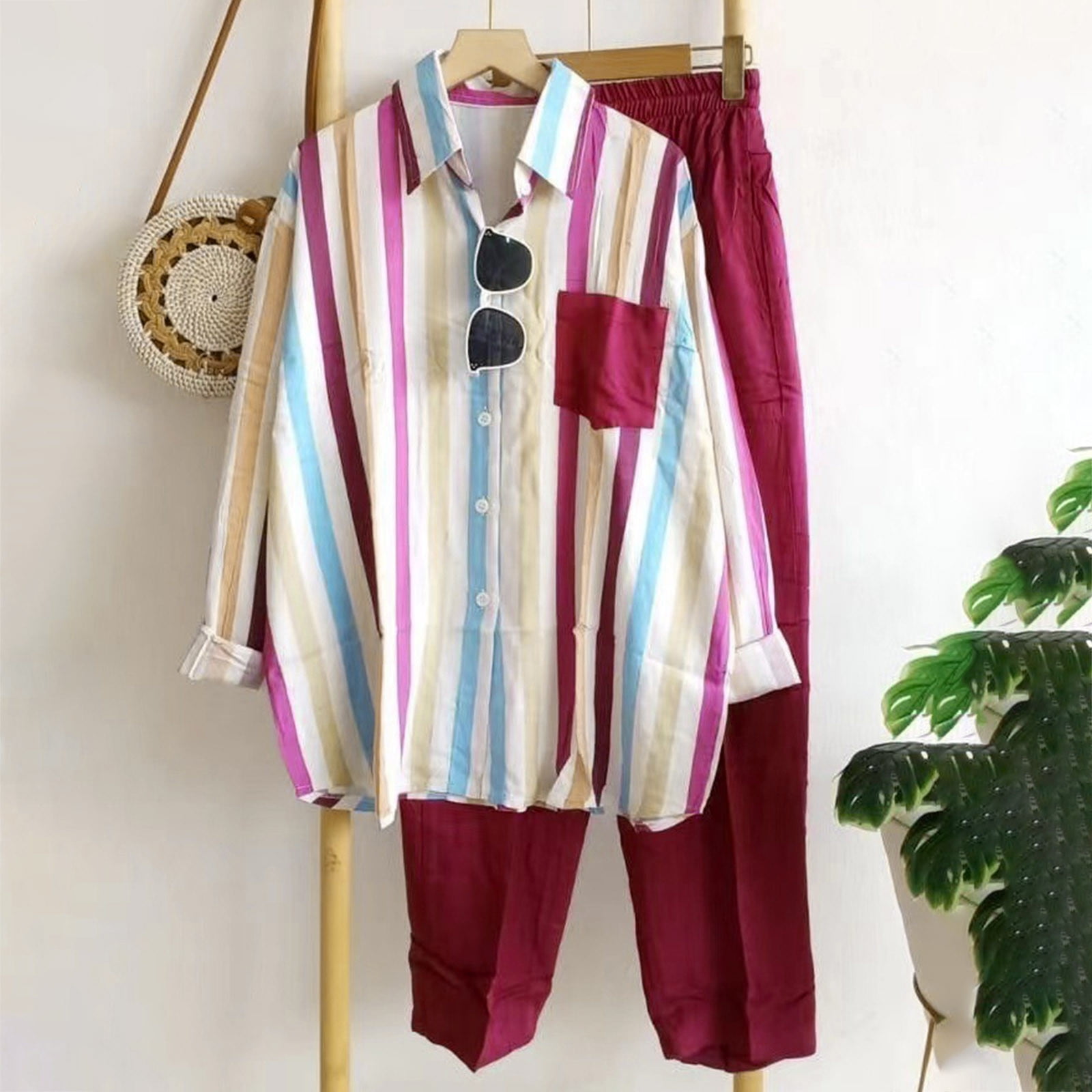 Cagogo Women Plus Size 2 Piece Set Striped Boho Casual Long Sleeve ...