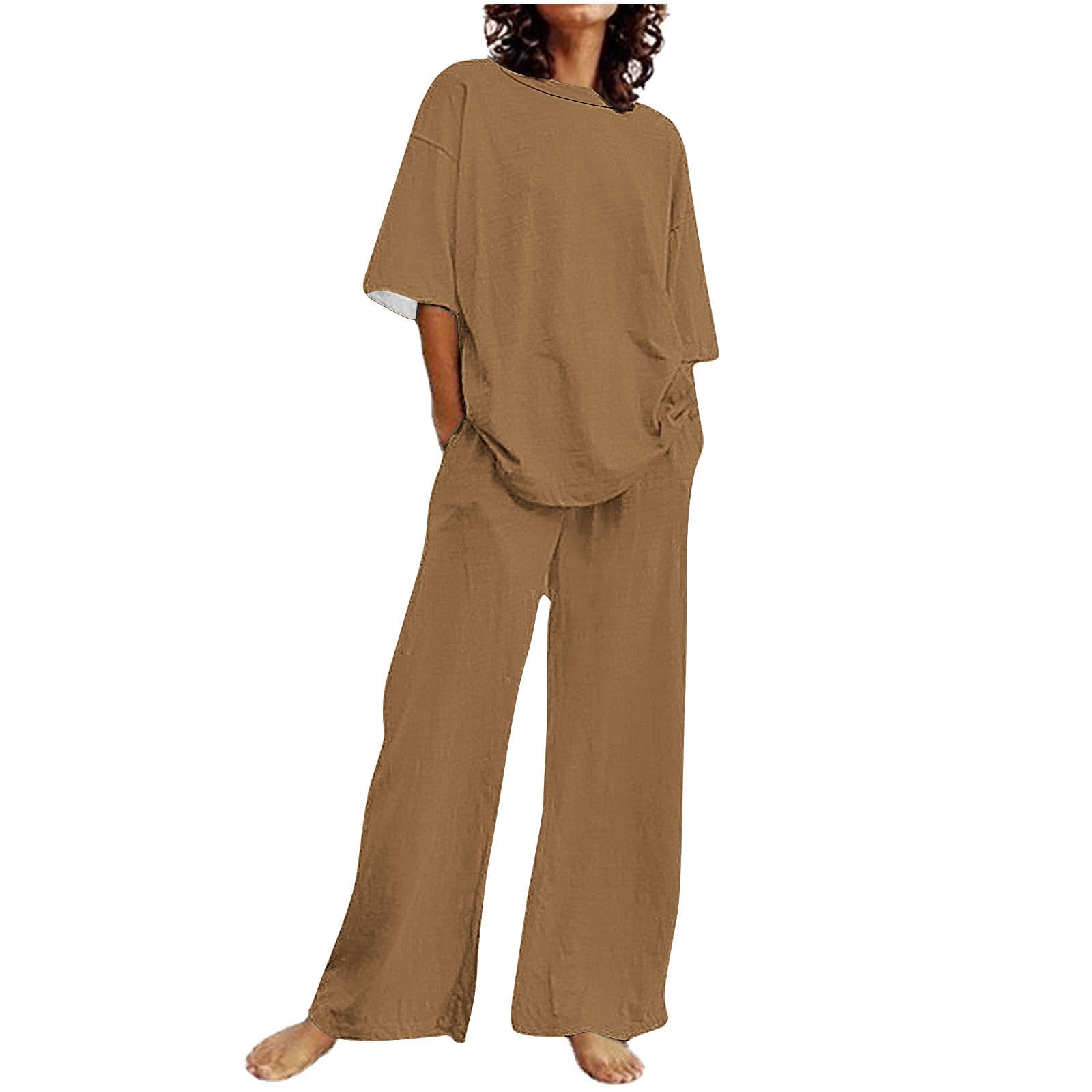 Cagogo Women Plus Size 2 Piece Short Sleeve T-Shirt Wide Leg Pants Set ...
