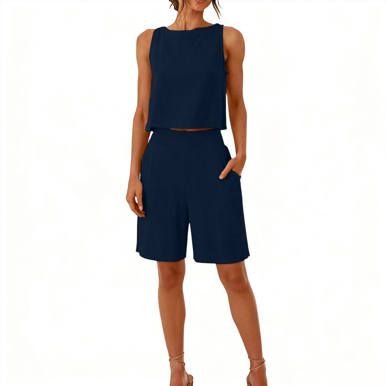 Cagogo Women Plus Size 2 Piece Shorts Set Round Neck Sleeveless Crop ...